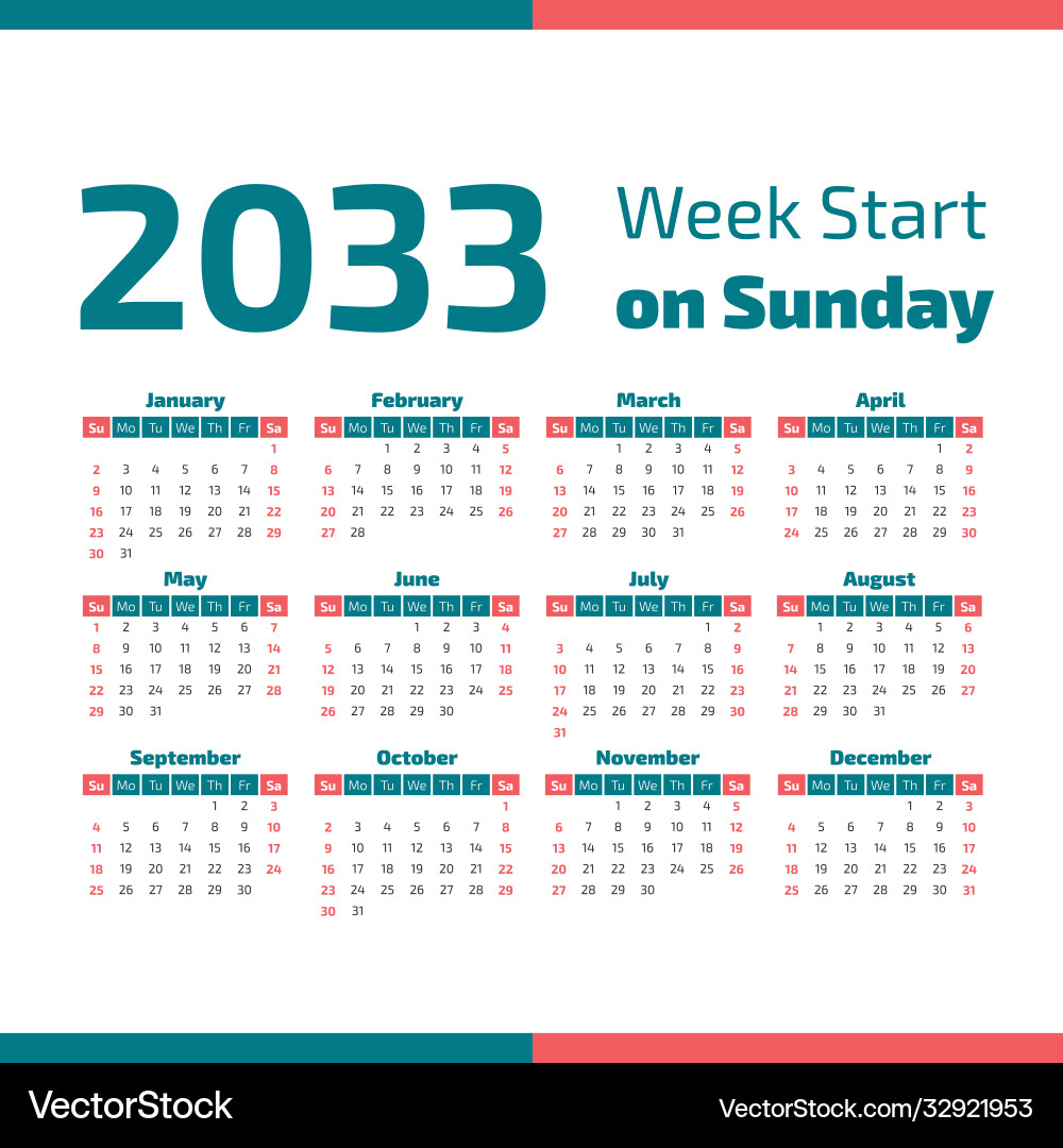 2033 calendar with weeks start on sunday Vector Image