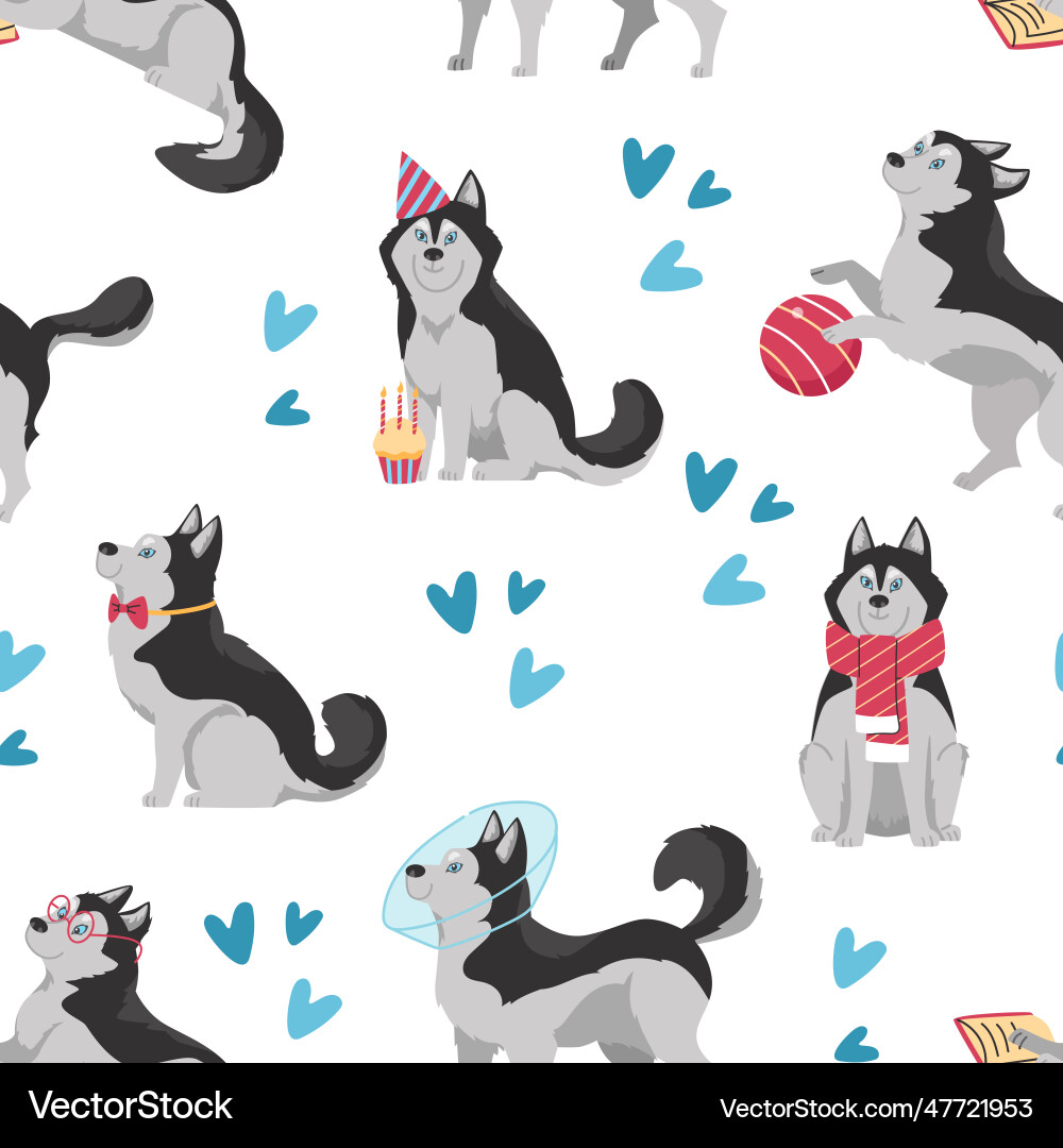 Cute and funny siberian husky seamless pattern Vector Image