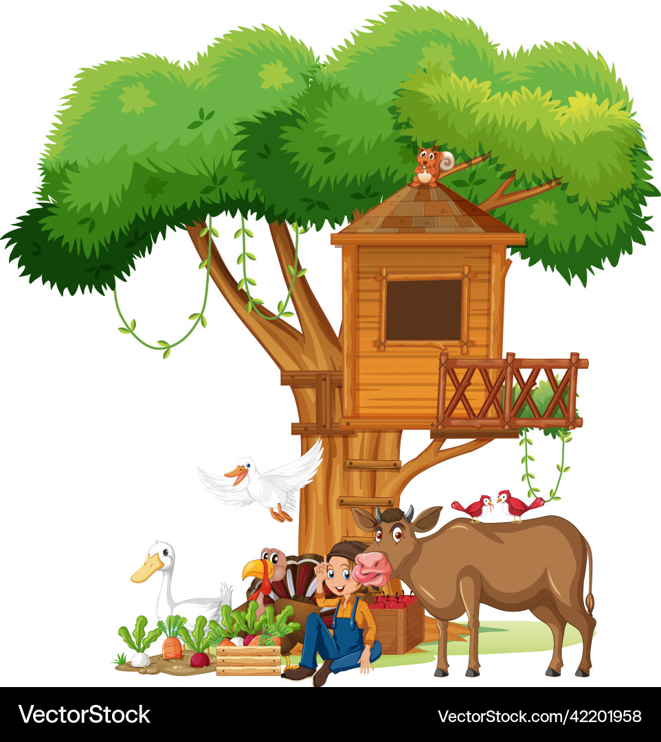 Many farm animals and treehouse Royalty Free Vector Image