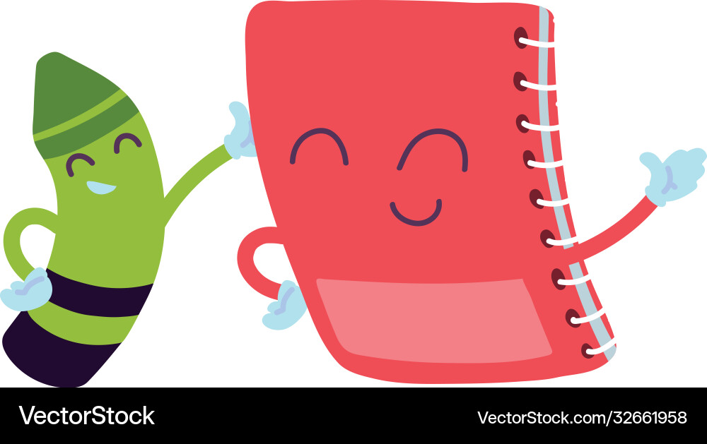 Notebook and crayons with happy face cartoon Vector Image