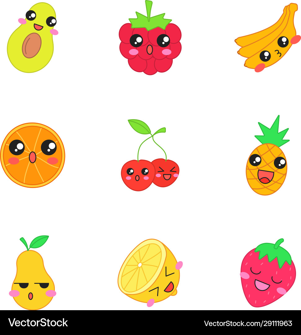 Fruits cute kawaii characters Royalty Free Vector Image