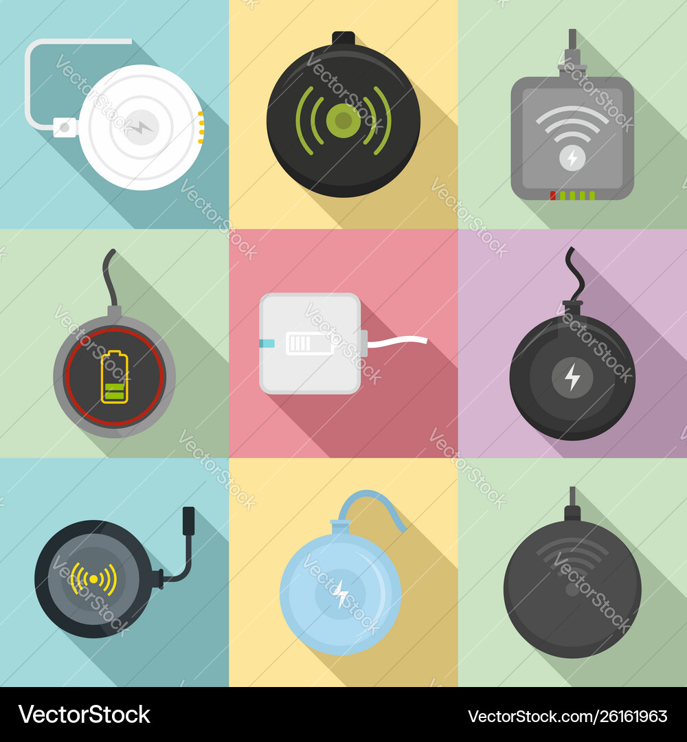 Wireless charger icons set flat style Royalty Free Vector