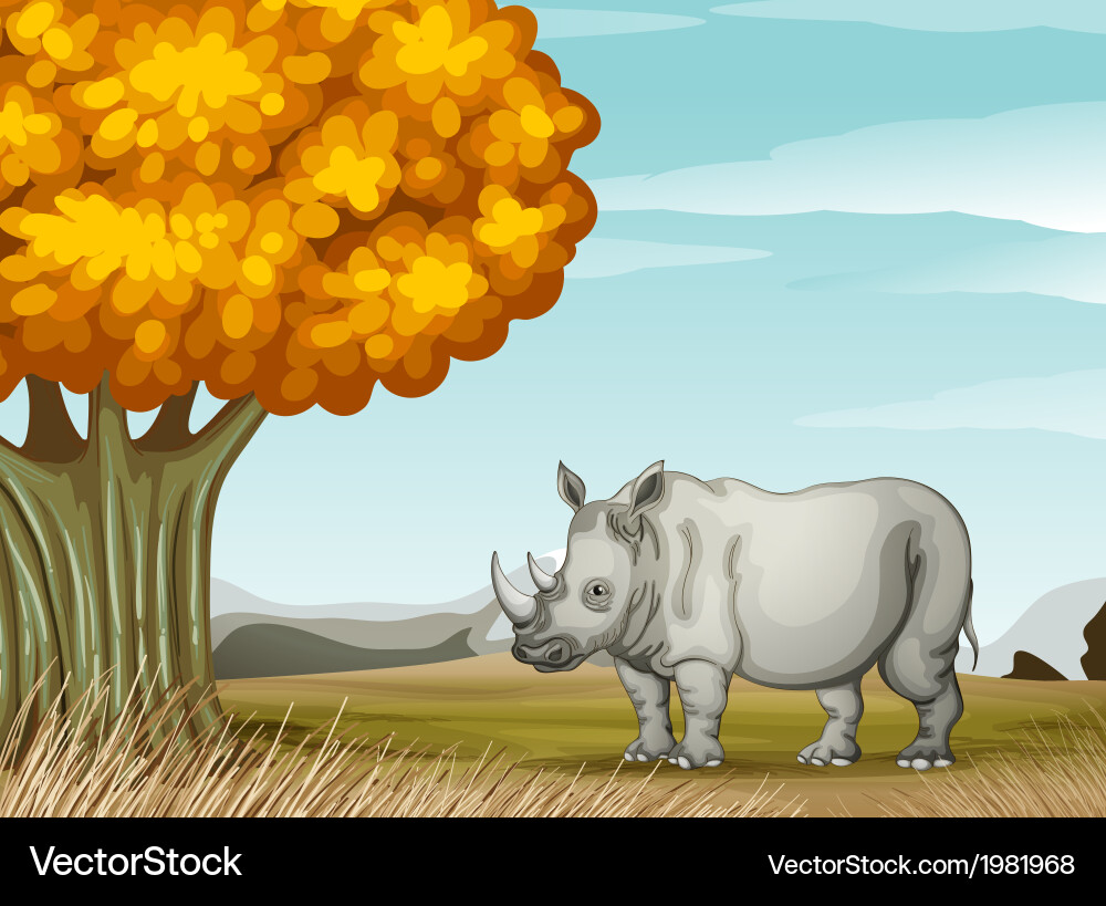 A rhinoceros near the tree Royalty Free Vector Image