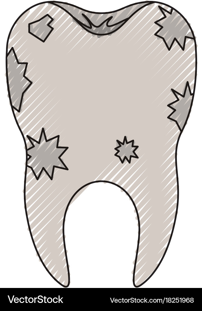 Dirty tooth with root in colored crayon silhouette