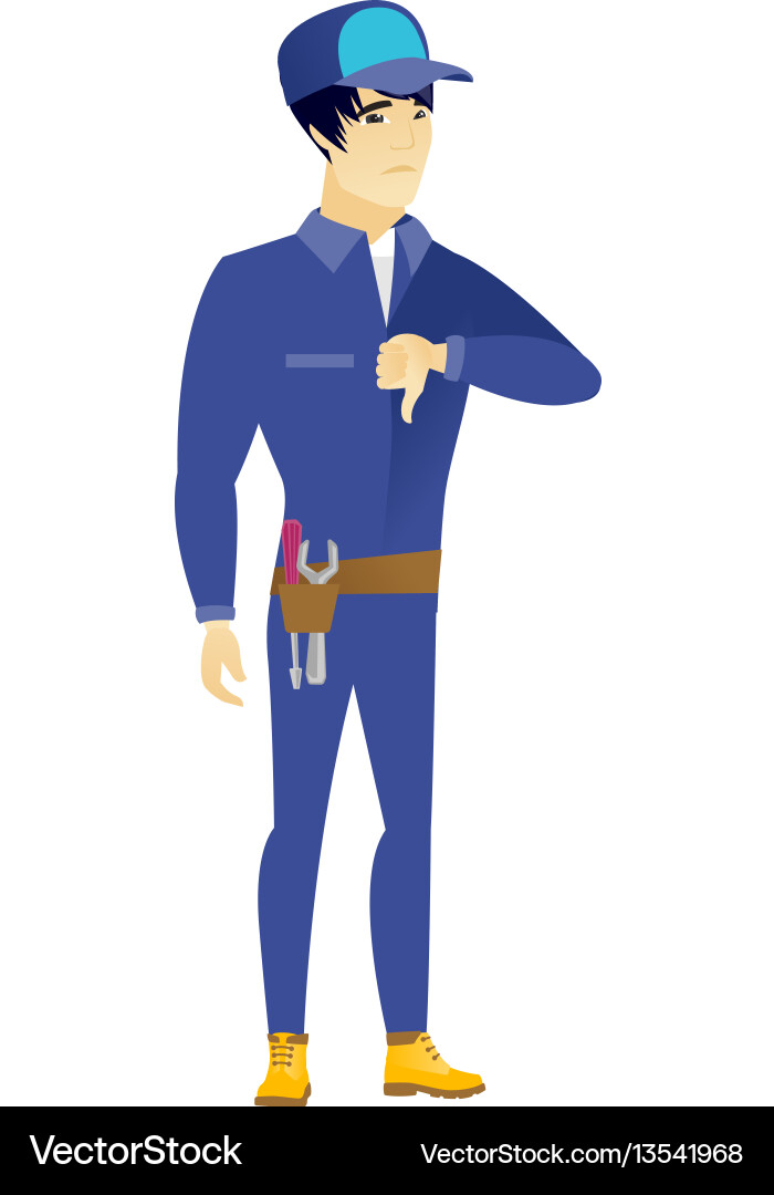 Disappointed asian mechanic with thumb down Vector Image