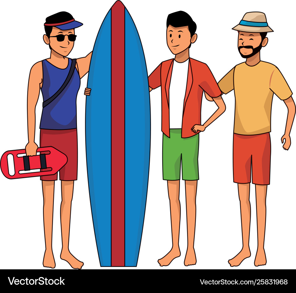 Friends with surf table summer cartoons Royalty Free Vector
