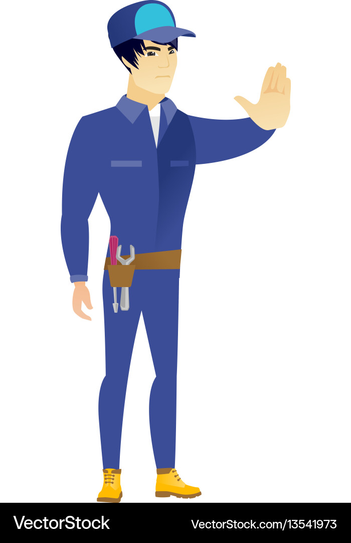 Asian mechanic showing stop hand gesture Vector Image