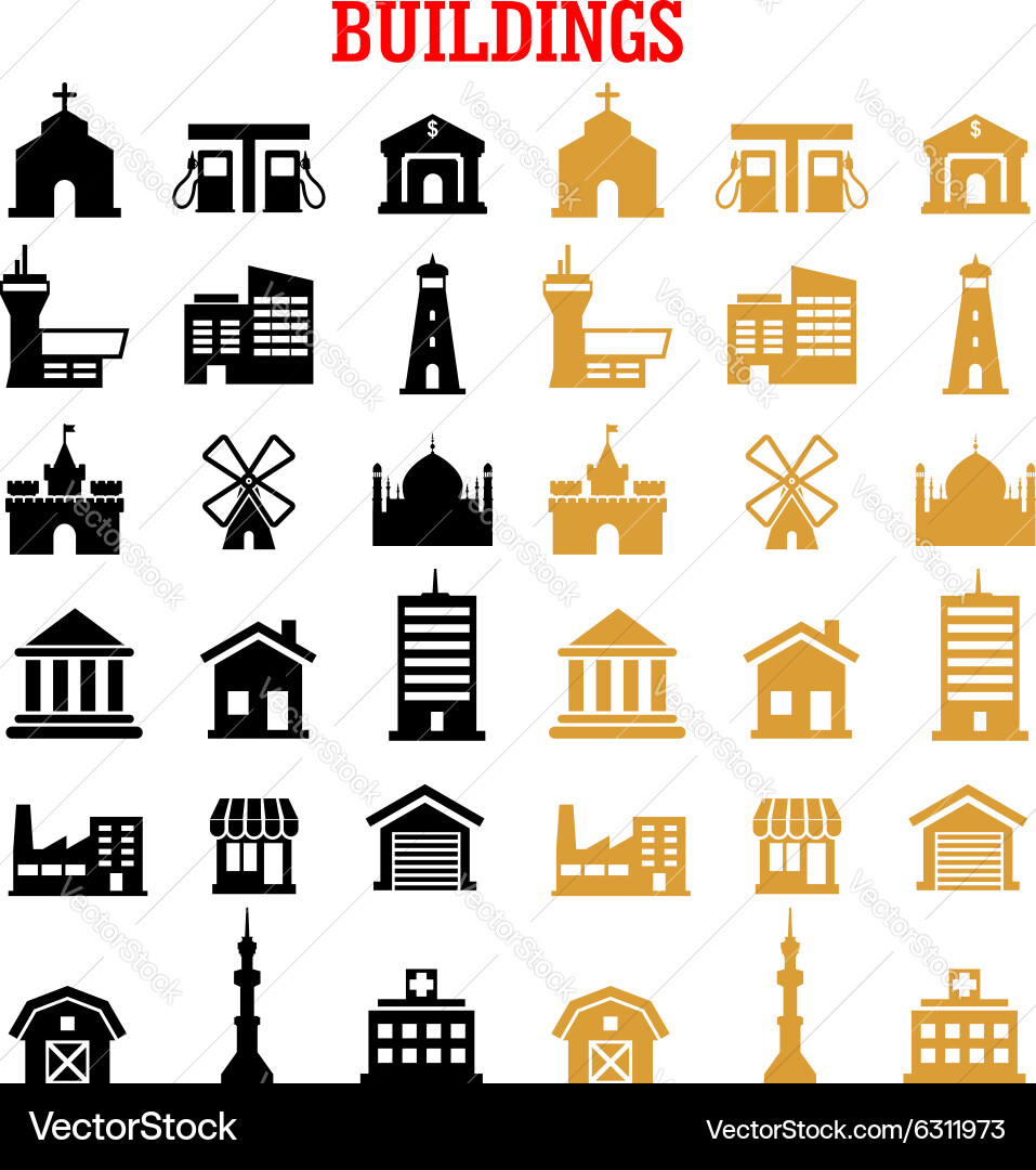 Black and yellow flat building icons Royalty Free Vector