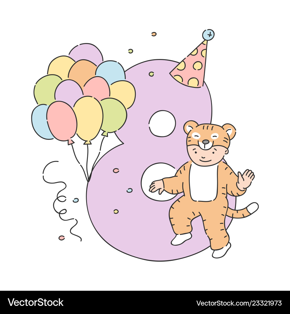 Kid in tiger costume number eight 8 Royalty Free Vector