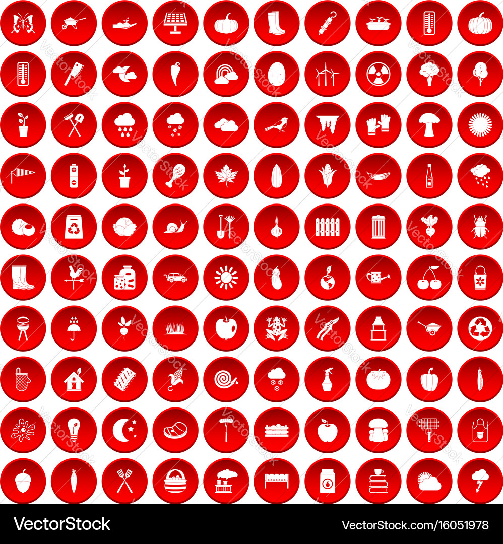 100 vegetables icons set red Royalty Free Vector Image