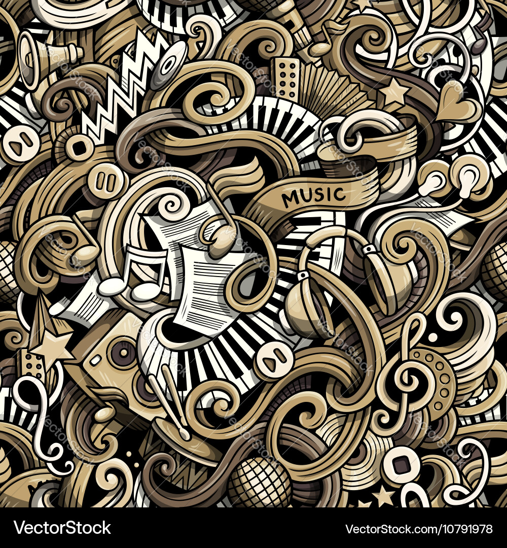 Cartoon hand drawn doodles Music seamless pattern Vector Image