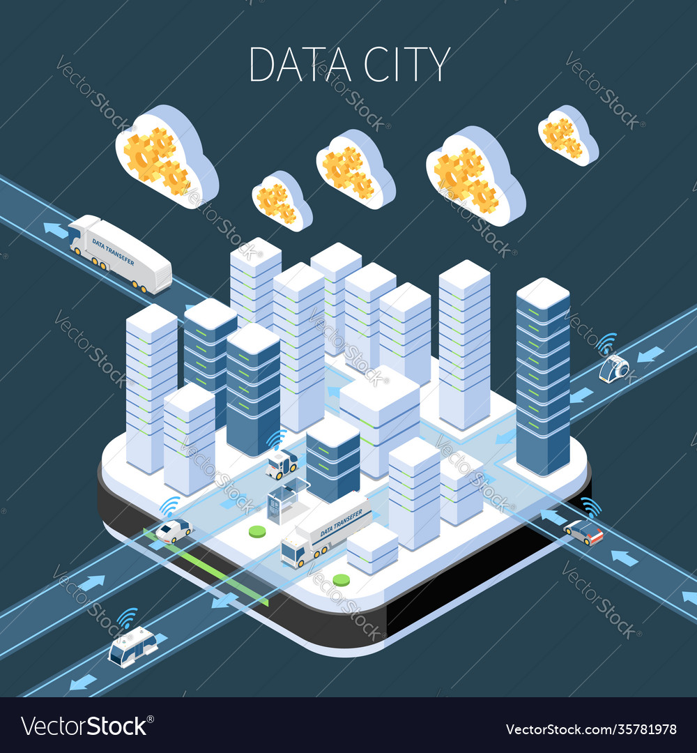 Data city isometric composition Royalty Free Vector Image