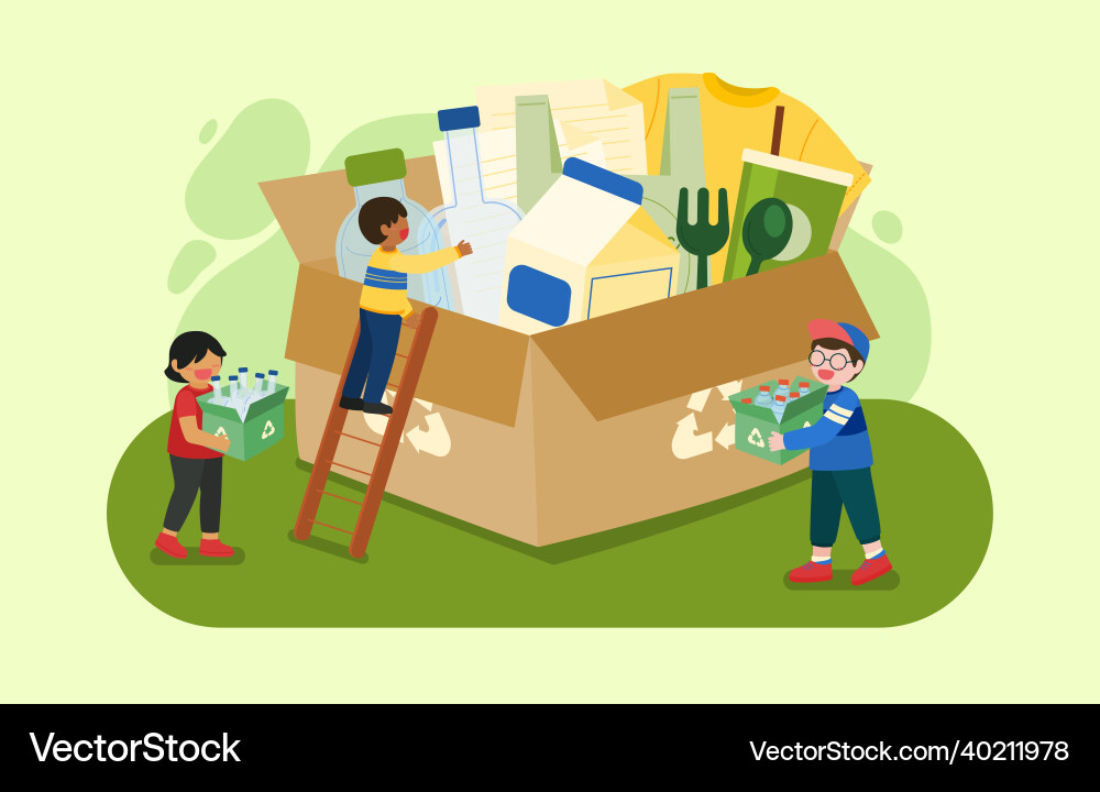 People gathering plastic bottles into large box Vector Image