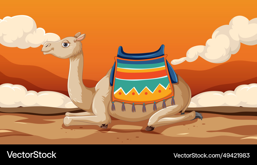 Cartoon camel sitting in desert scene Royalty Free Vector