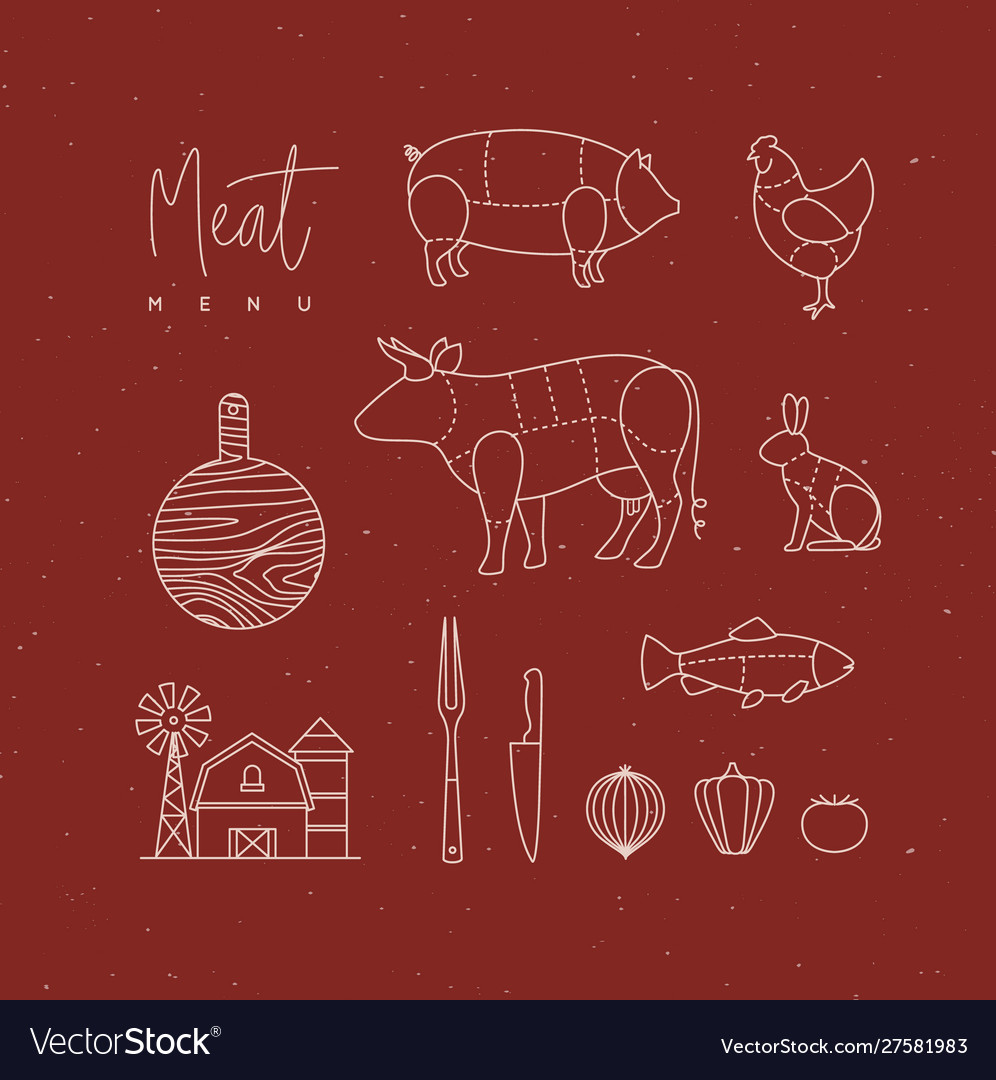 Meat menu flat design elements red Royalty Free Vector Image