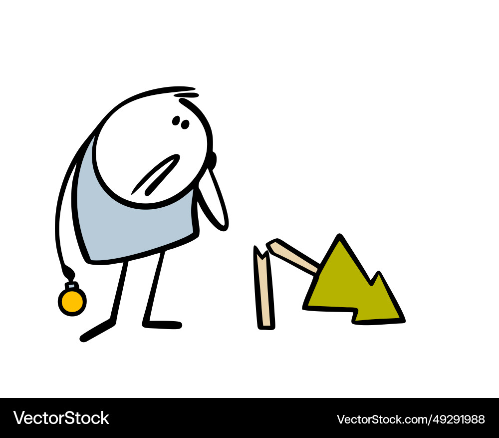 Frustrated stickman looks distressed at a broken Vector Image