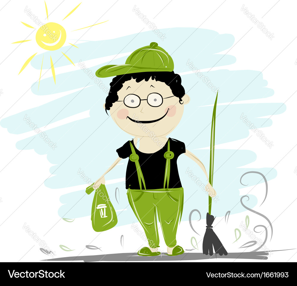 Funny janitor with broom for your design Vector Image