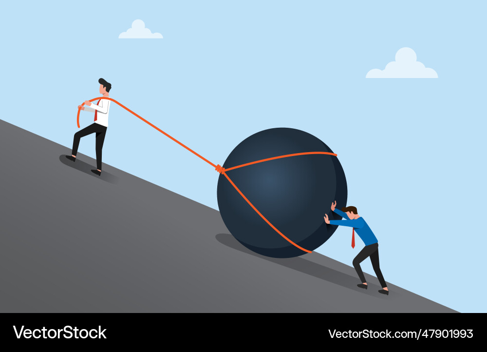 Two businessmen pushing a big stone uphill Vector Image