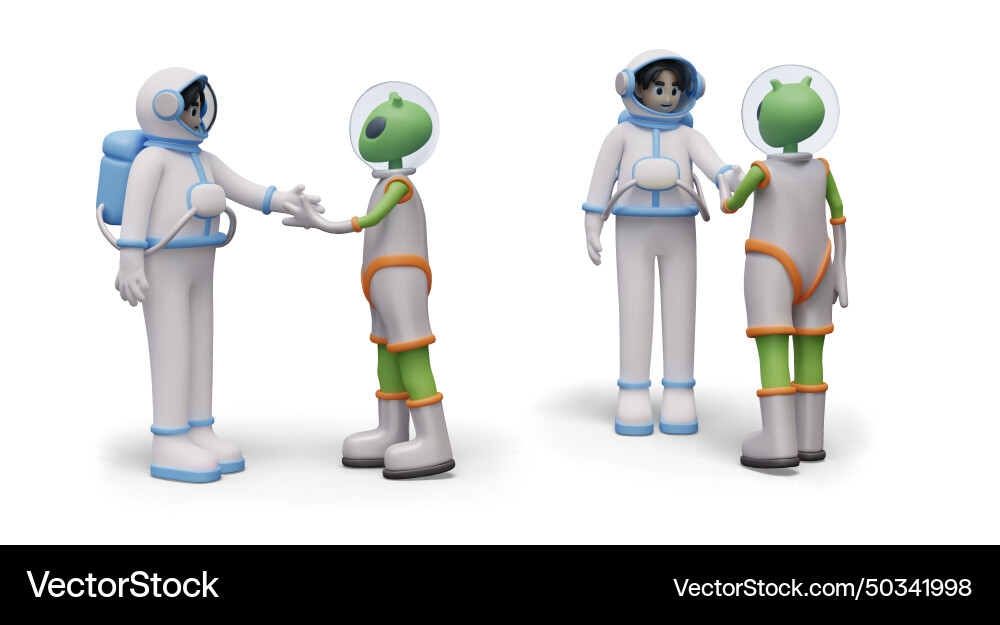 Alien and astronaut in space suit shake hands Vector Image