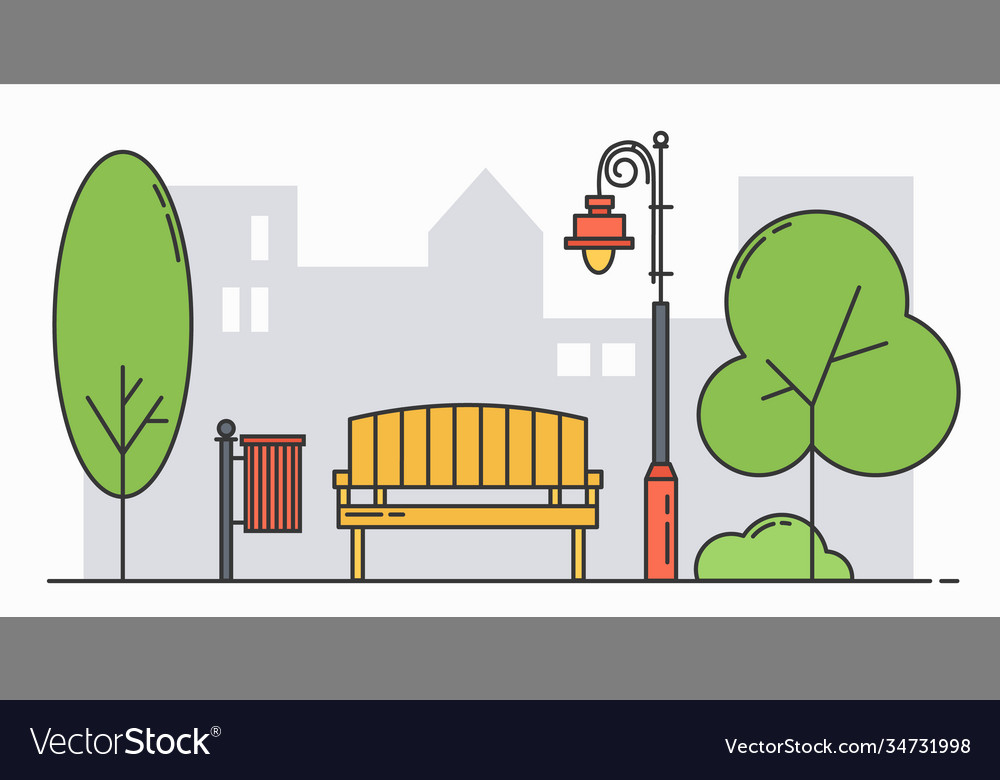 City park bench lights and trees landscape Vector Image
