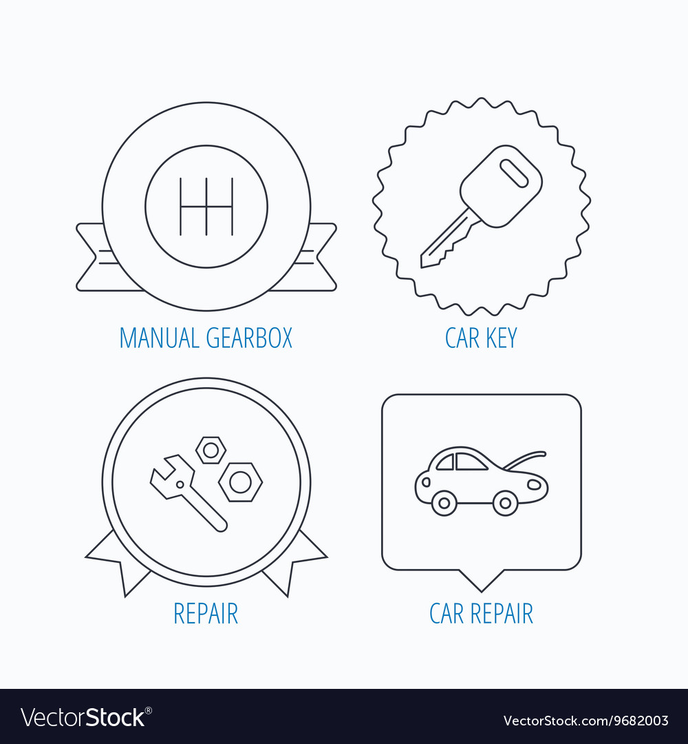 Car key repair tools and manual gearbox icons Vector Image