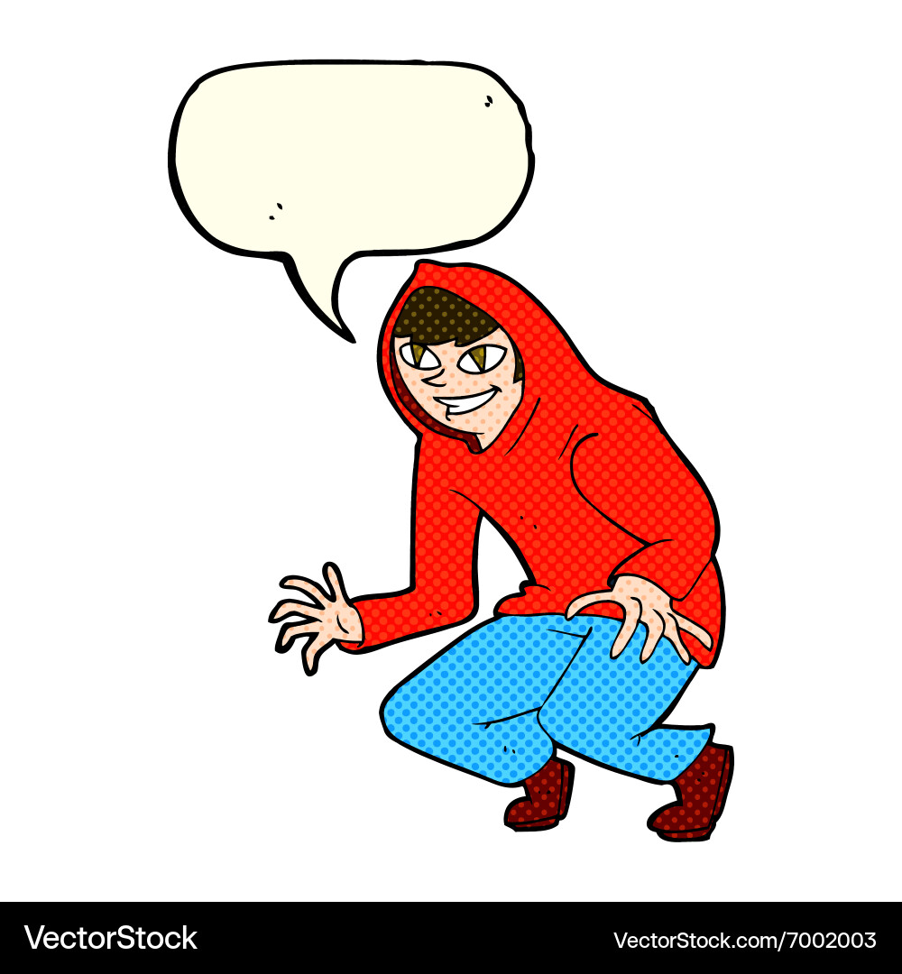 Cartoon mischievous boy in hooded top with speech Vector Image