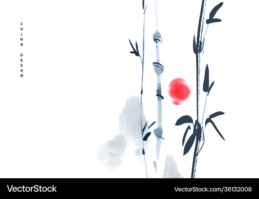 Chinese ink painted background with bamboo and sun
