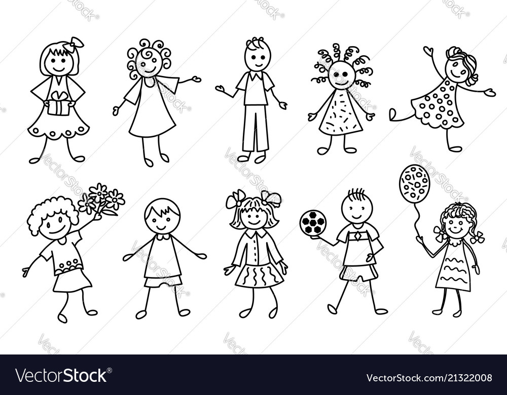 Happy kids doodle cartoon icons set Royalty Free Vector