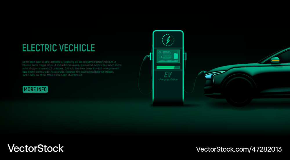 Banner with charging station and ev car neon Vector Image