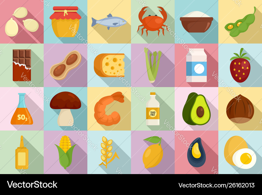 Food allergy icons set flat style Royalty Free Vector Image