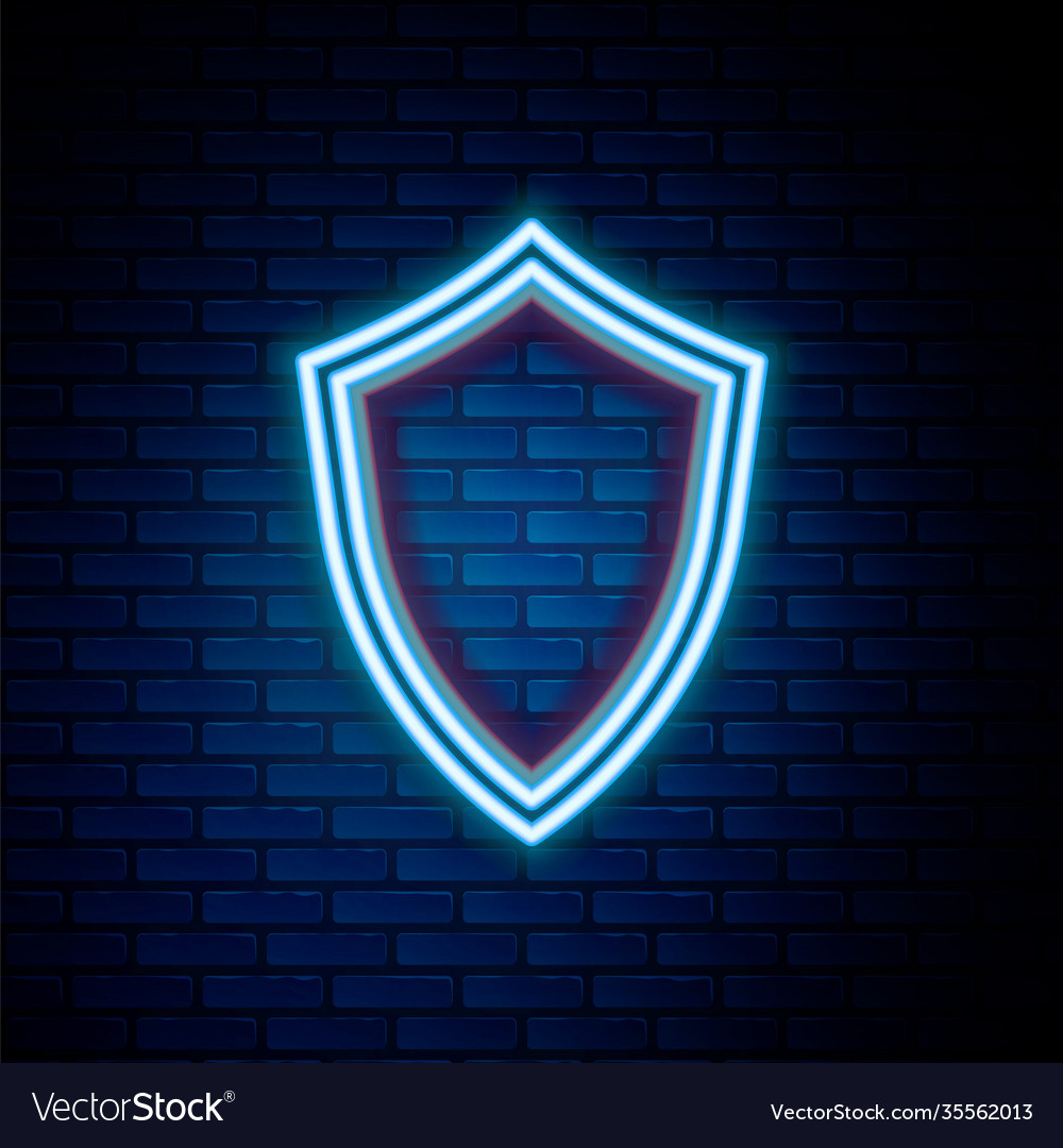 Glowing neon line shield icon isolated on brick Vector Image