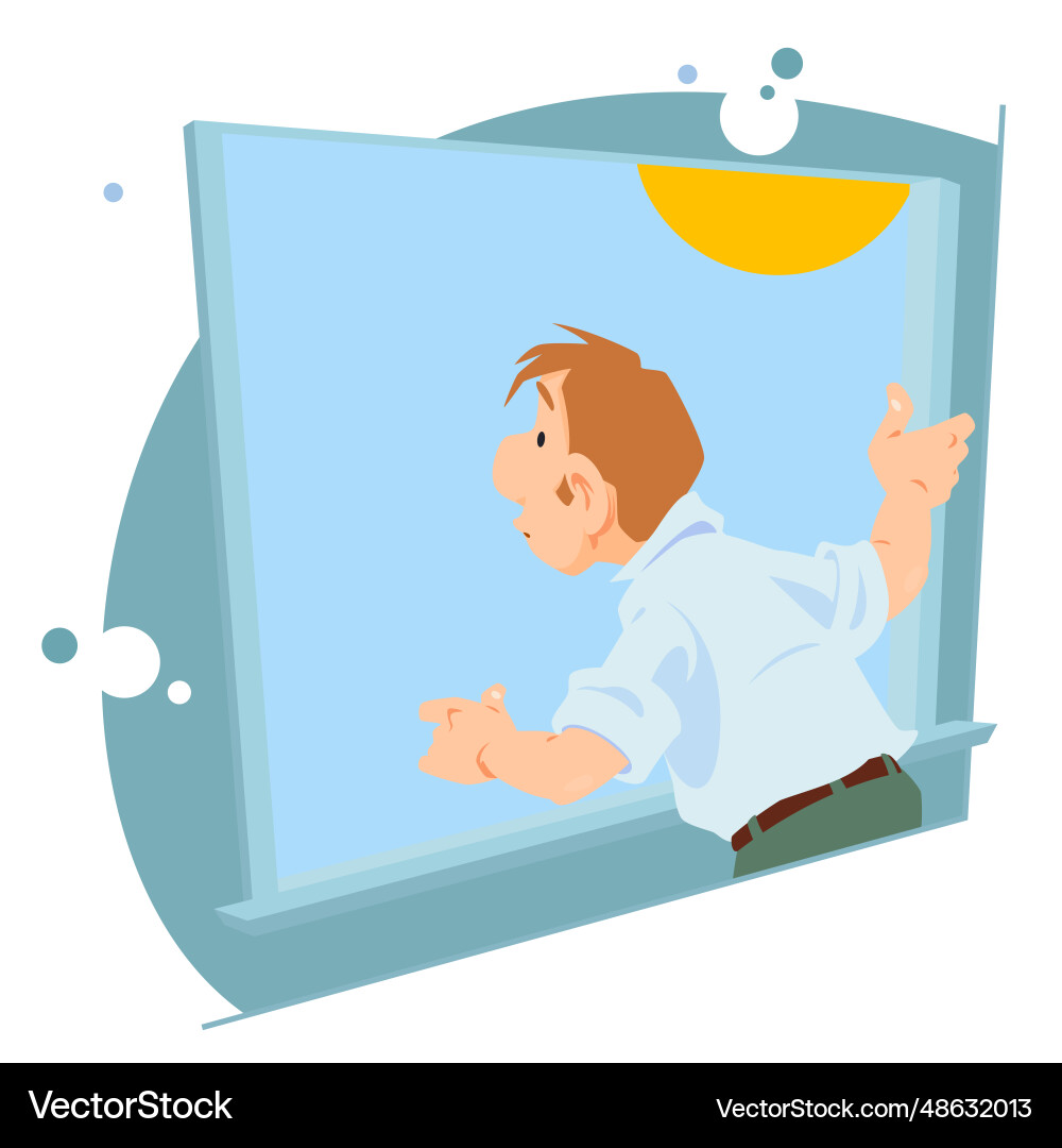 Happy man looks out window at sun for internet Vector Image