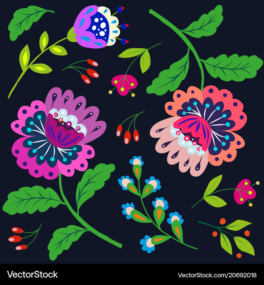 Bright cartoon flowers on a dark Royalty Free Vector Image
