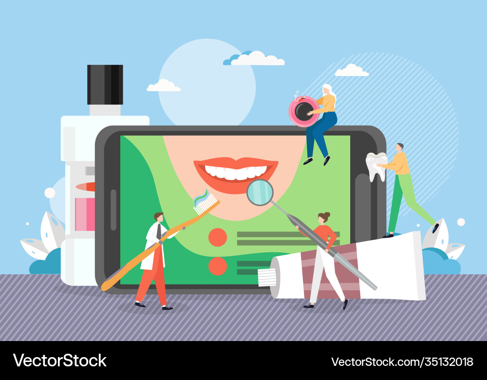 Giant mobile phone with dental app tiny dentists Vector Image