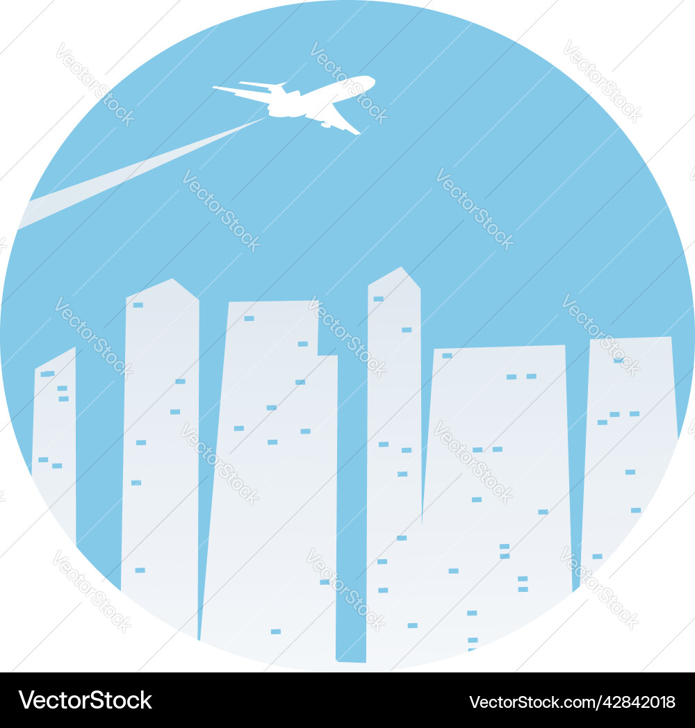 Round background with airplane and high buildings Vector Image