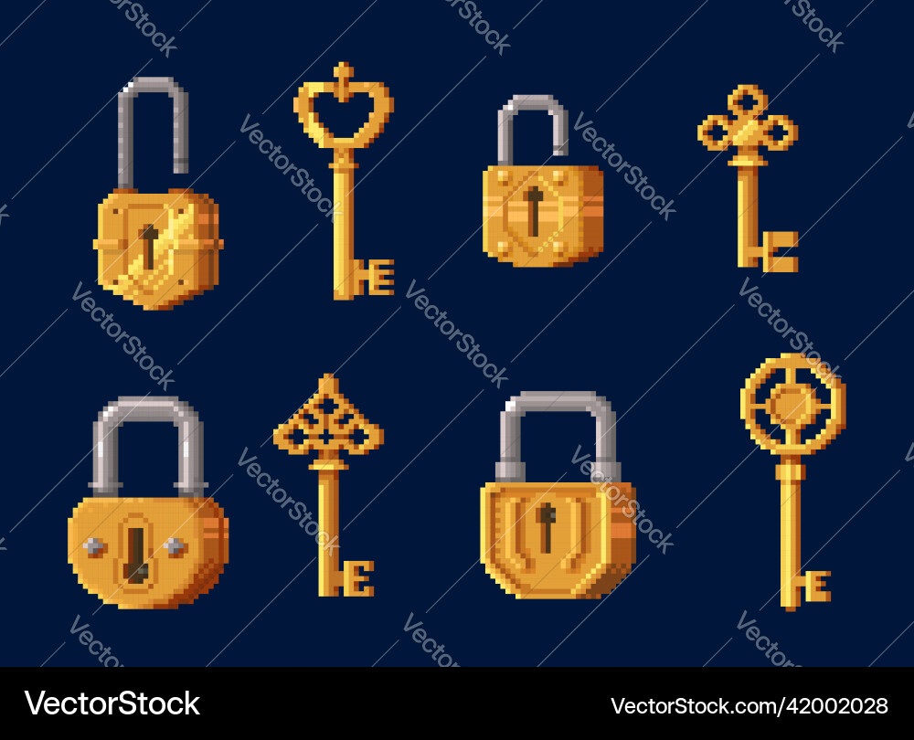 Game assets golden keys padlocks 8bit pixel art Vector Image
