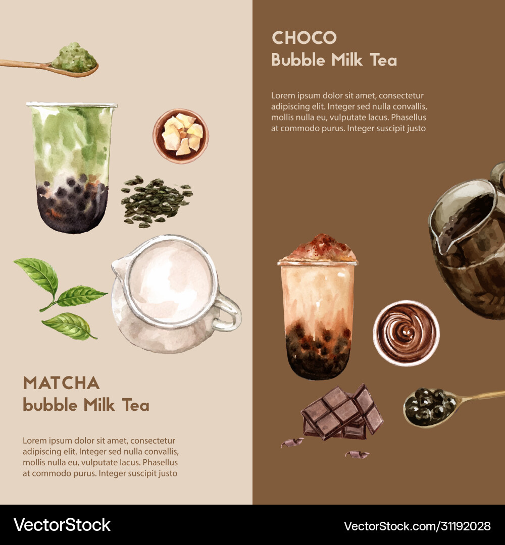Set matcha and brown sugar bubble milk tea ad Vector Image