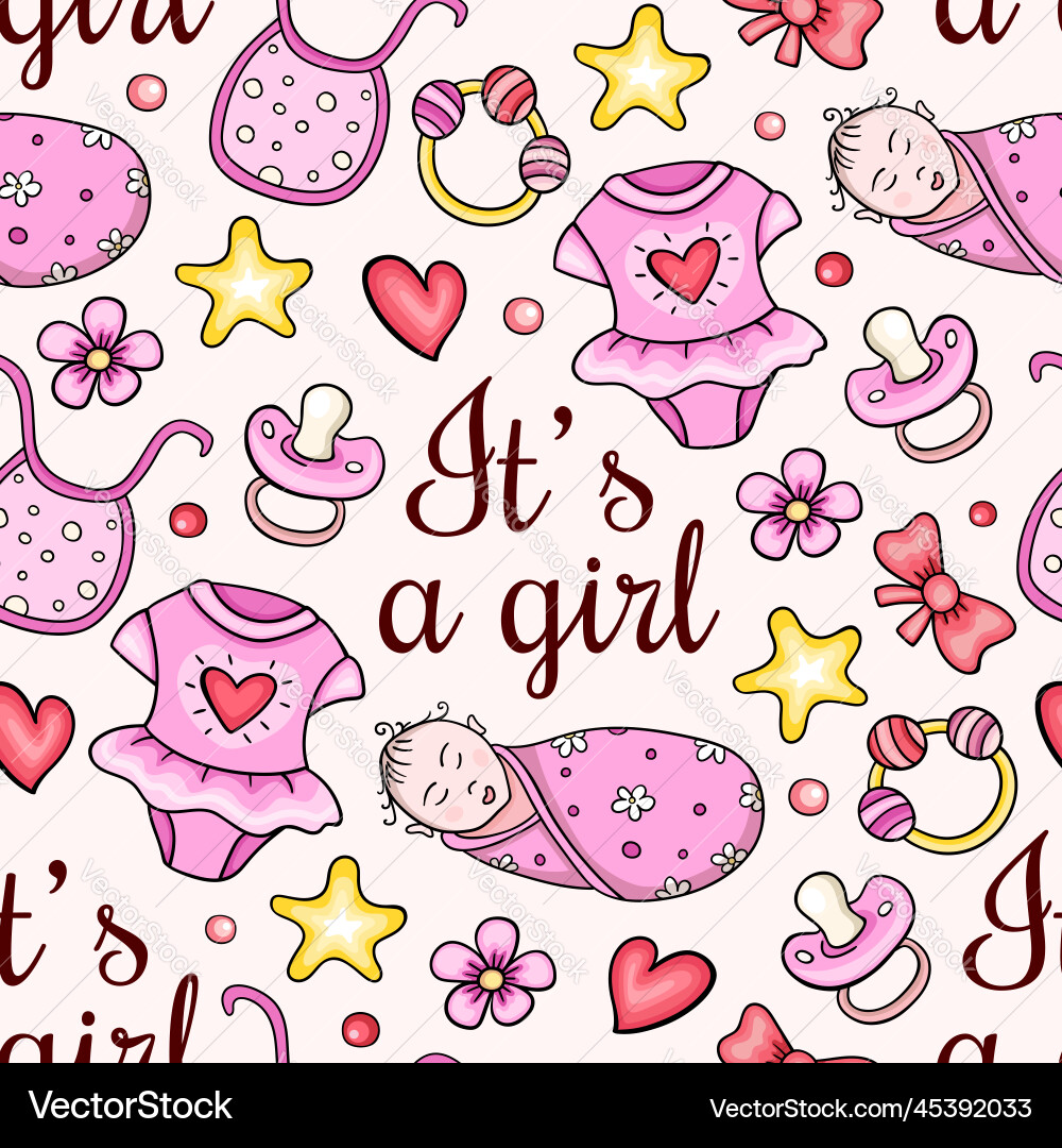 Cute seamless pattern with baby girl and accessory