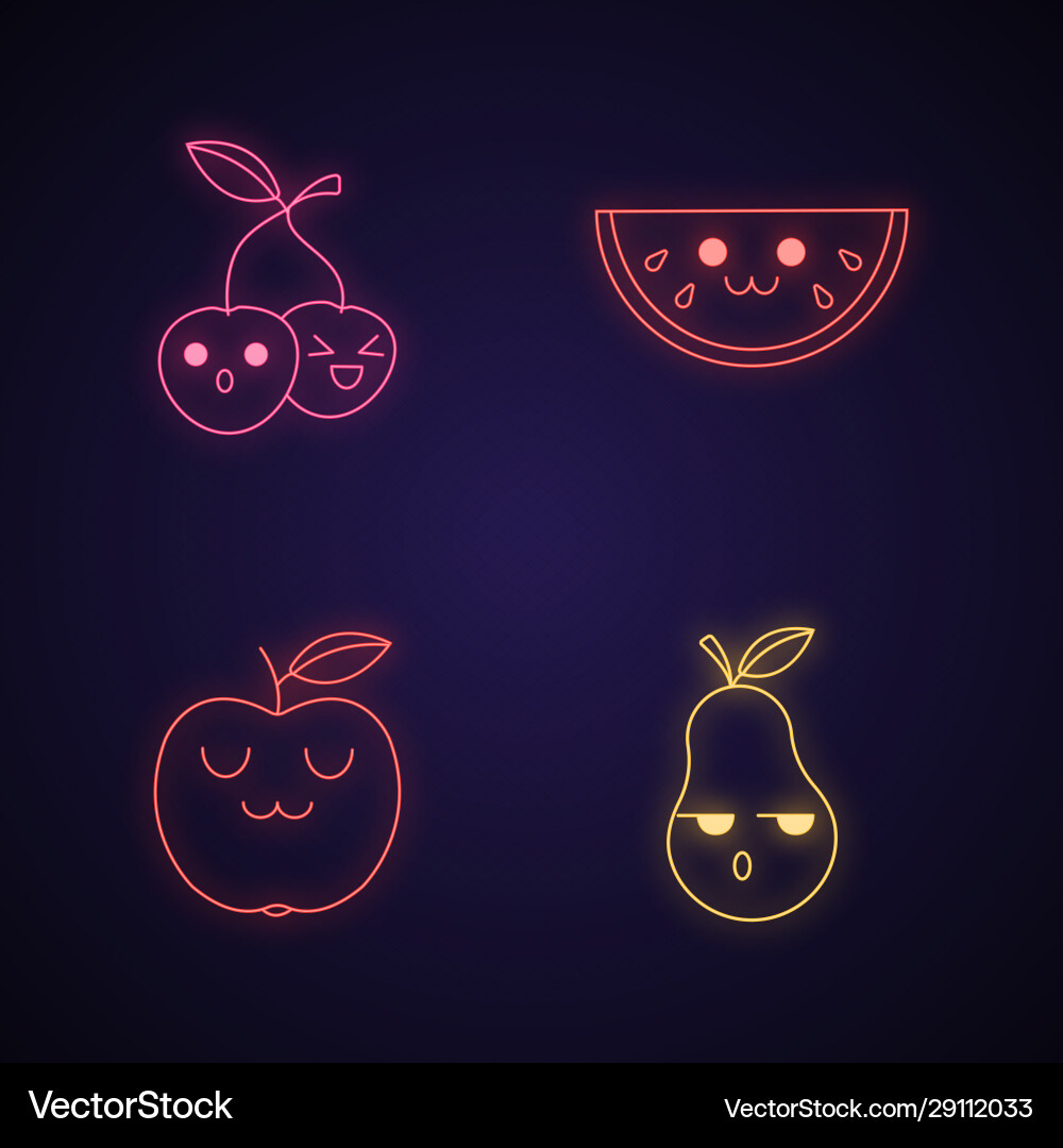 Fruits cute kawaii neon light characters Vector Image