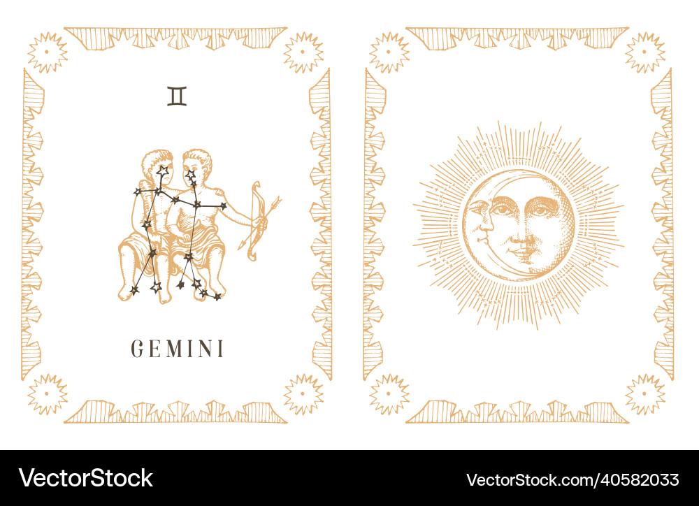 Gemini zodiac symbol and constellation old card Vector Image