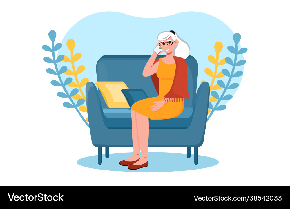 Grey elderly woman is talking on phone from Vector Image