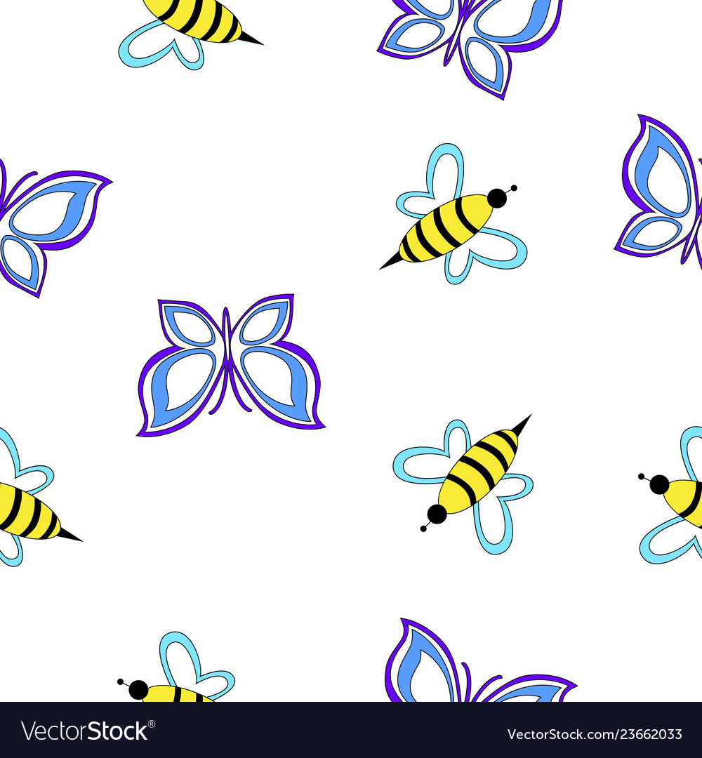 Seamless pattern of bee and butterfly Royalty Free Vector