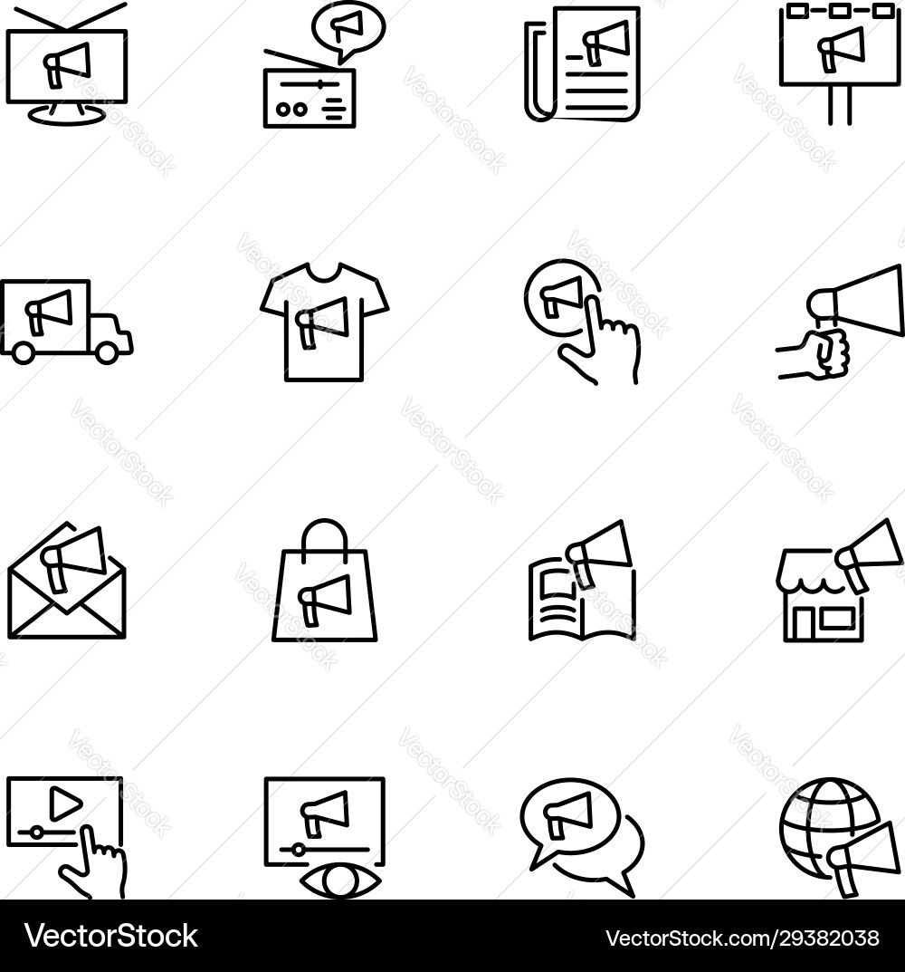Advertisement and promotion strategy line icon set