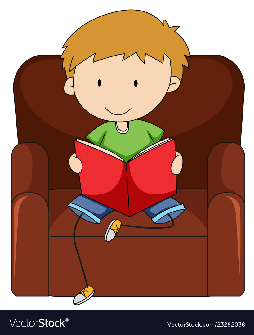 Doodle boy reading book on the couch Royalty Free Vector