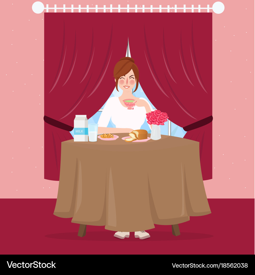 Girl have breakfast with bread and tea on table Vector Image