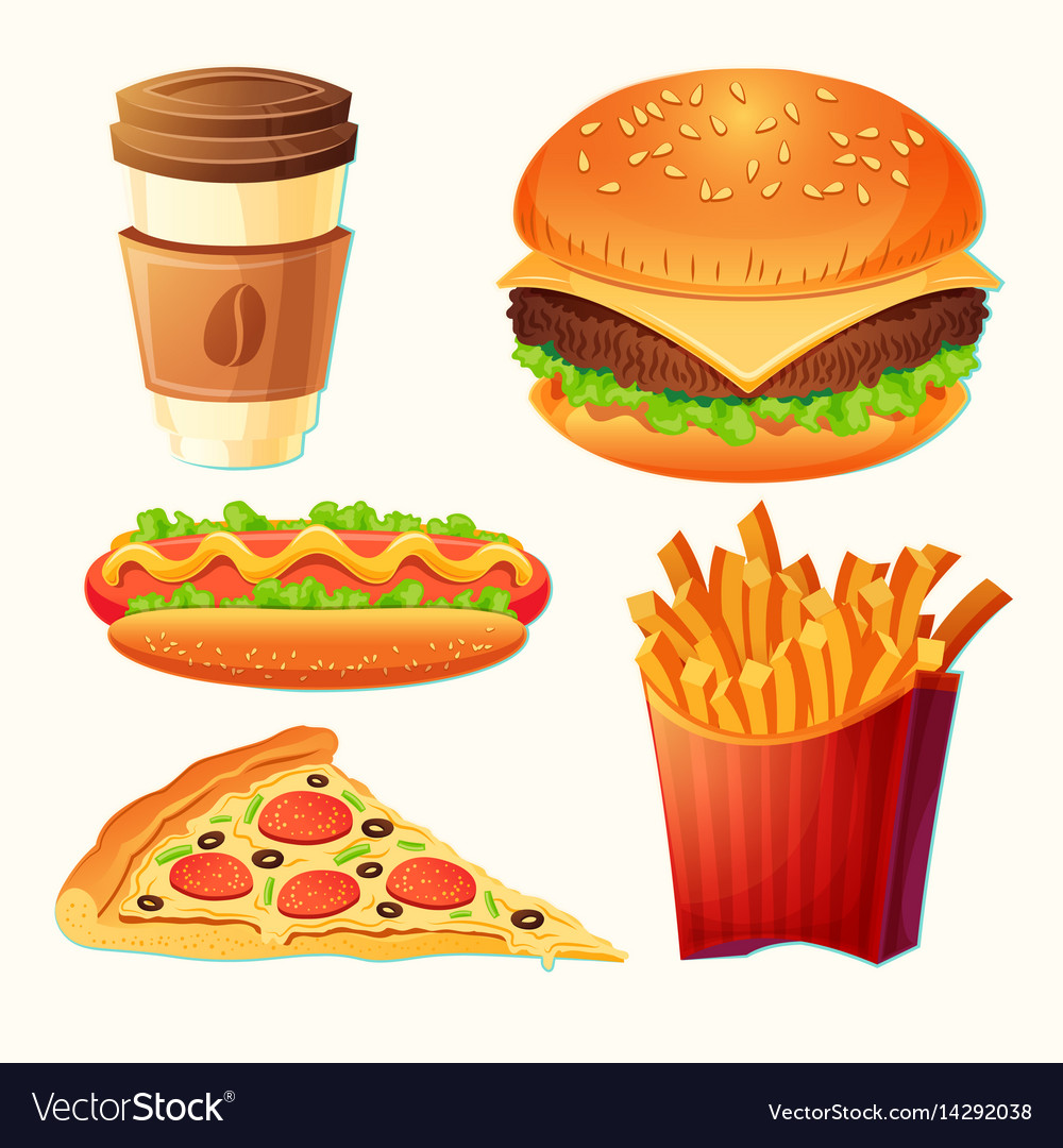 Set of cartoon fast food icons Royalty Free Vector Image Set of cartoon fast food icons Royalty Free Vector Image