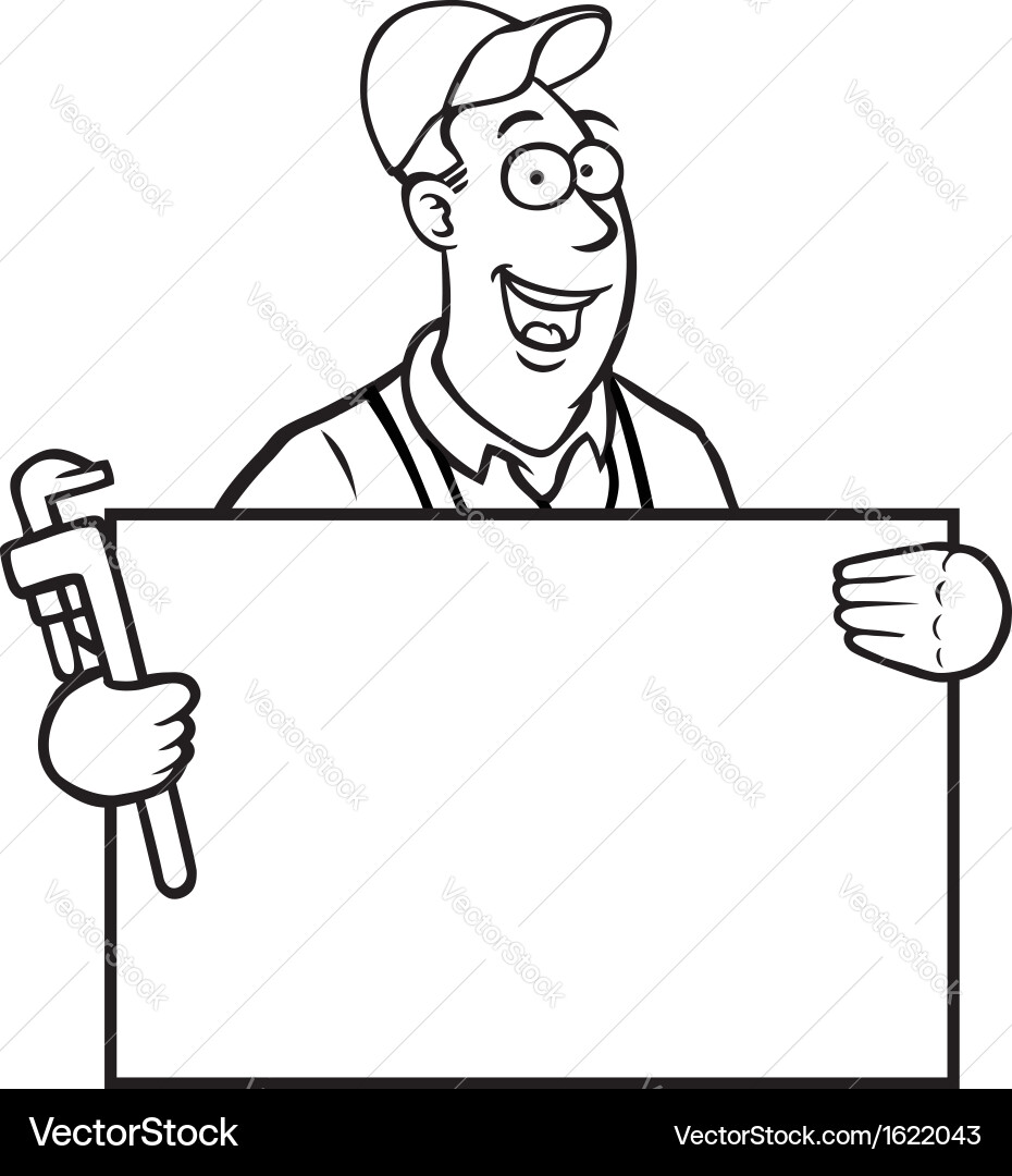 Black and white plumber with sign Royalty Free Vector Image