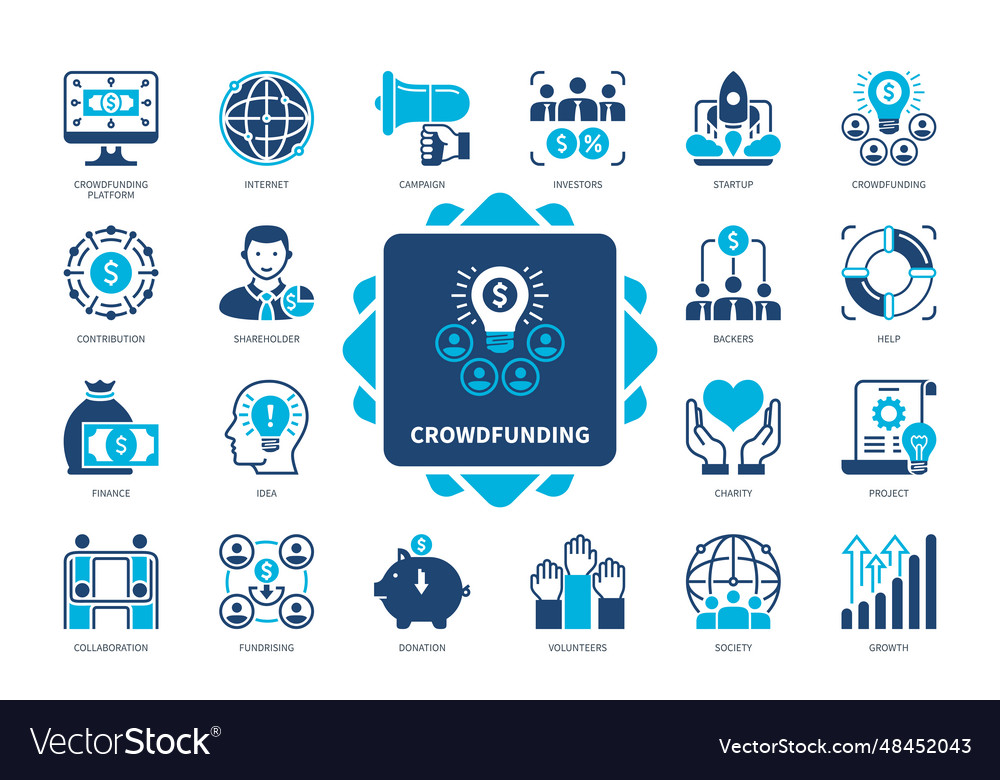 Crowdfunding solid icon set Royalty Free Vector Image