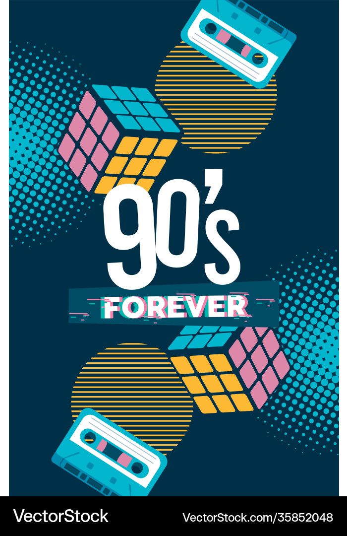 90s forever lettering with cassettes and rubik Vector Image