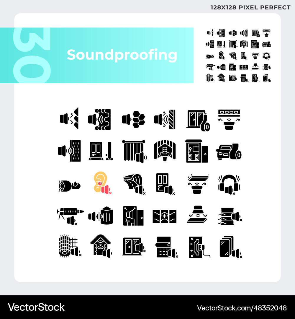 Pixel perfect glyph style soundproofing icons Vector Image